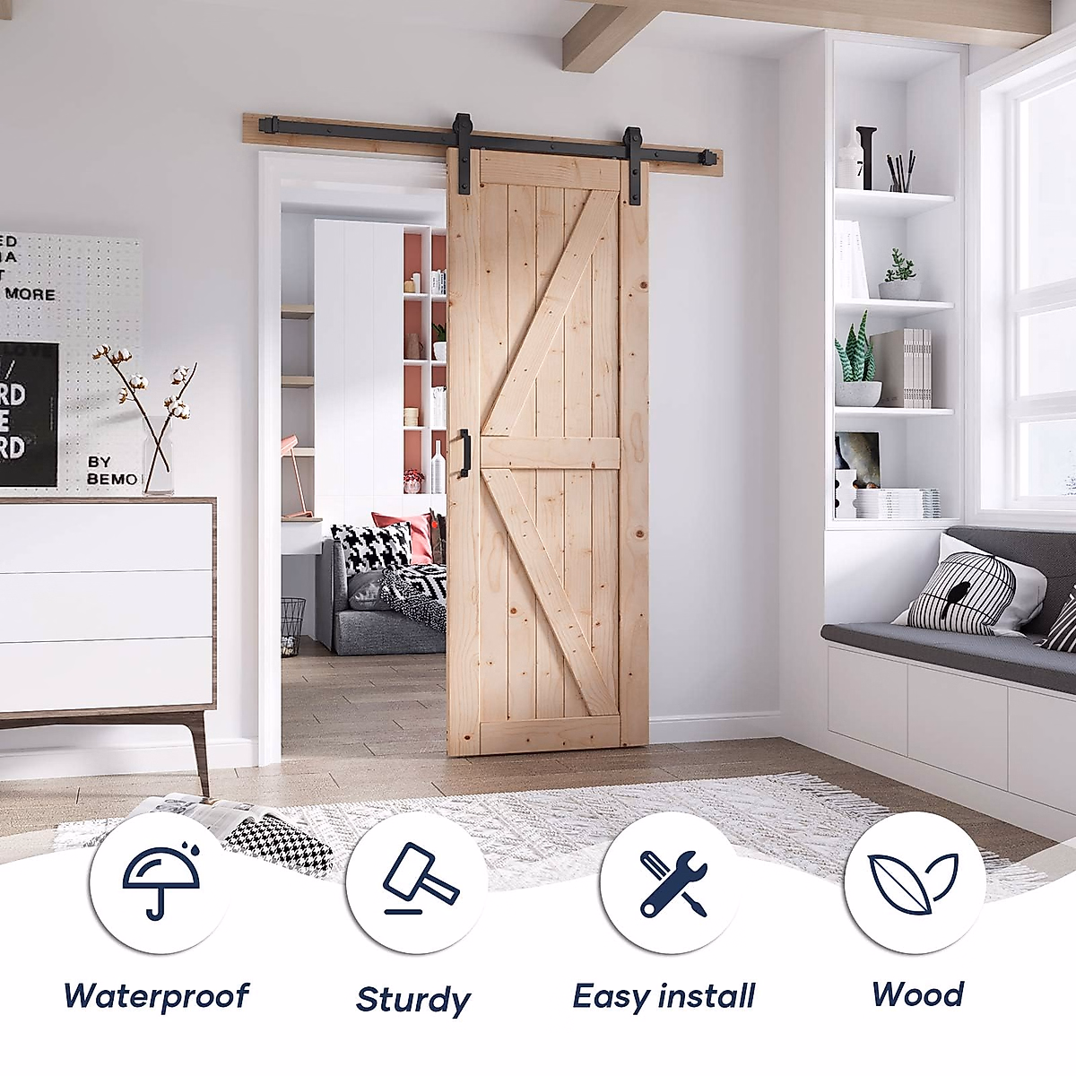 FREDBECK 30in x 84in Sliding Barn Door with 5FT Barn Door Hardware Kit Included K Shape Solid Spruce Wood Panel Need to Assembly