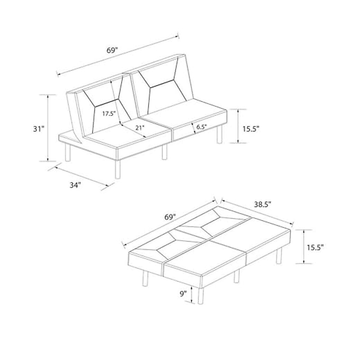 DHP Mara 69 Inch Futon Sofa Bed in Velvet Fabric, Modern Armless Upholstered Couch Sleeper for Small Spaces, Tufted Back, Gray
