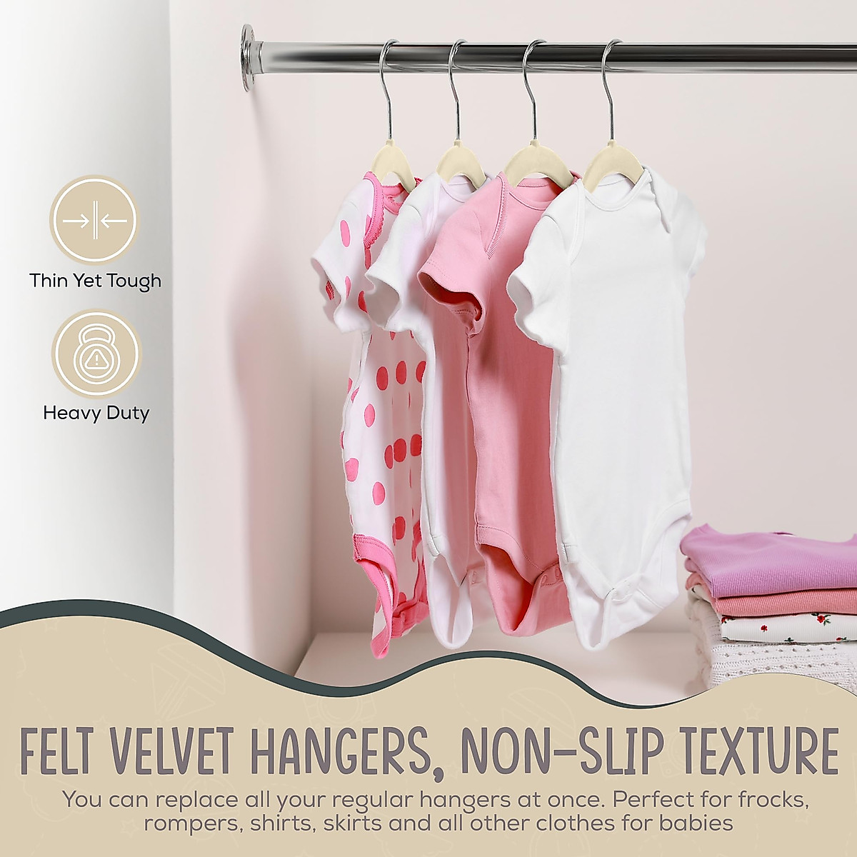 TechZoo 50 Premium Baby Velvet Hangers - 11" Inch Non-Slip Baby Hangers, Ultra-Slim Space-Saving Children Hangers - 360° Swivel Hook, Strong & Durable Infant & Toddler Clothes Hangers - Ivory