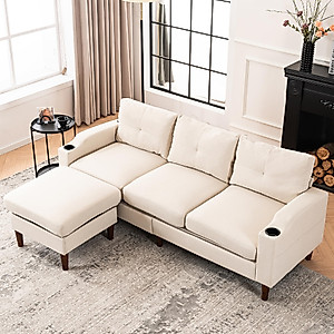 Dolonm L-Shape Modern Sofa, Sectional Couch with Built-in USB Port and Convenient Cup Holder, 3-Seater Sofa with Storage Ottoman, Couch for Living Room, Office, Apartment, Beige