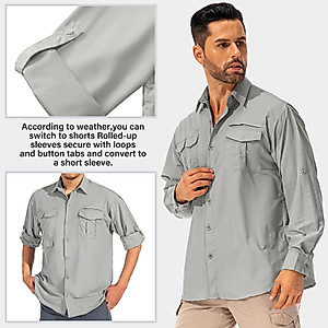 Mens Safari Shirt Fishing Hiking Clothes SPF 50 Sun Protection Long Sleeve Outdoor Quick Dry Vented Breathable Cool Utility Cargo Shirts (5068 Light Grey 3XL)