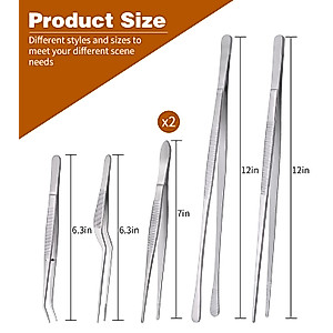 Fine Tweezer Tongs, 6pcs Cooking Tweezers, 12'' and 6.3" Stainless Steel Food Tweezers, Professional Kitchen Long Tweezer with Round and Curved Tips for Baking(6pcs, 12"+6.3")