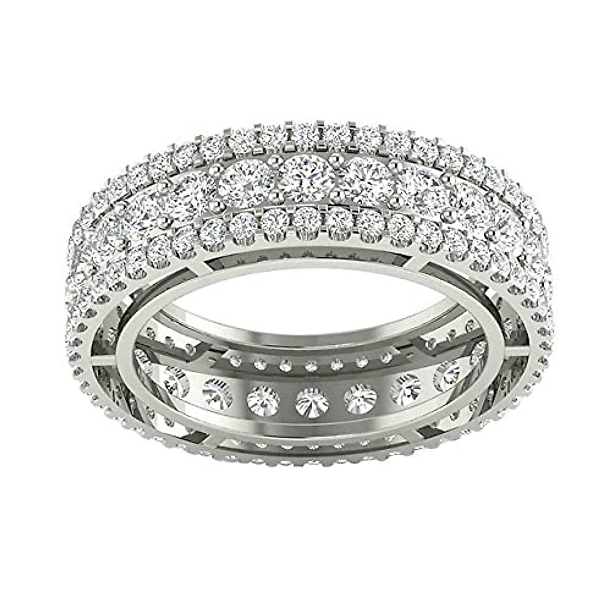 3 1/2 CT Round Shape White Cubic Zirconia Stones Three Row Wedding Engagement Anniversary Womens Band Ring in 14K White Gold Plated 925 Sterling Silver (3.50 Cttw) Ring Size - 8.5