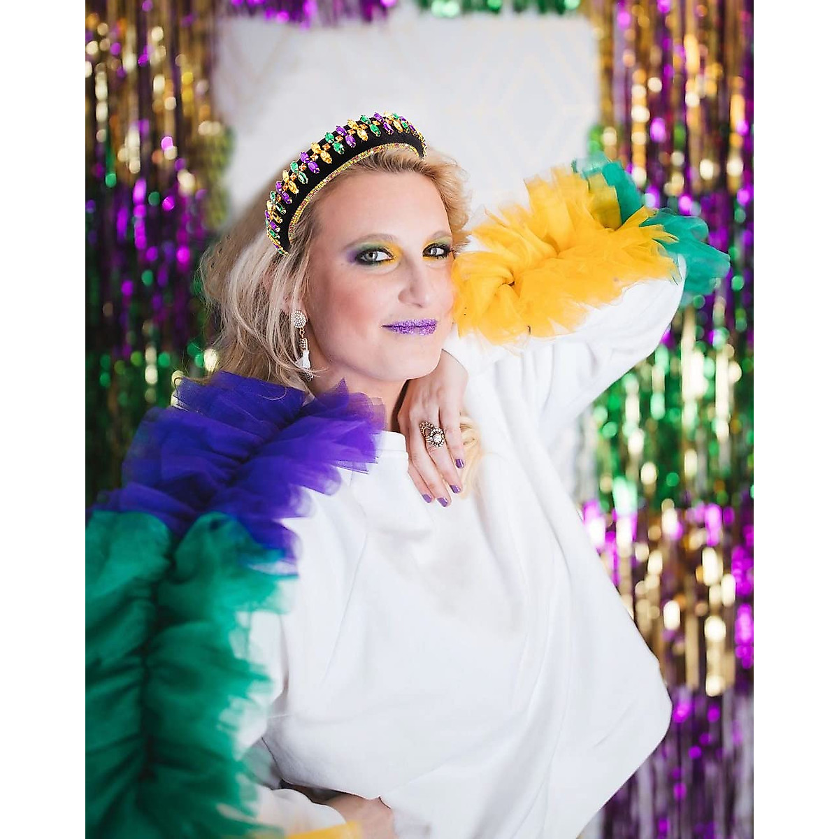 Crystal Mardi Gras Headband for Women Girls Sparkly Rhinestone Embellished Purple Green Yellow Hairbands Elastic Wide Carnival Hair Hoop Parade Headwear (Crystal)