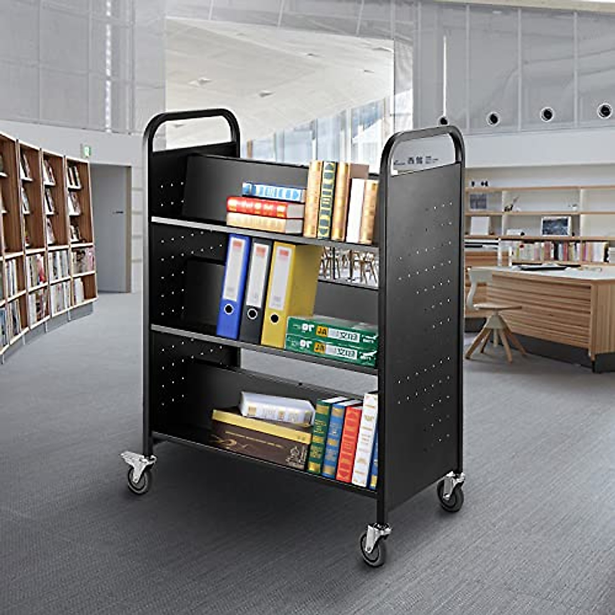BestEquip Book Cart, 200LBS Library Cart, 49.2''x35.4''x18.9'' Rolling Book Cart, Double Sided W-Shaped Sloped Shelves with Lockable Wheels for Home Shelves Office School Book Truck Black