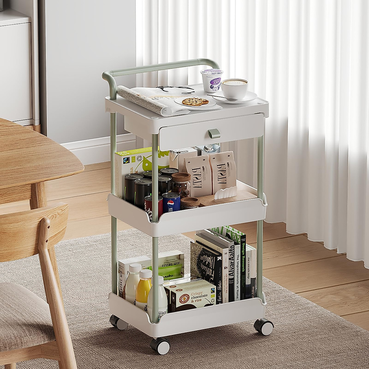 TOOLF Rolling Storage Cart with Drawer, 3 Tier Rolling Utility Cart with Tabletop, Rolling Cart Organizer for Teacher Craft Baby Nursery, Utility Cart for Kitchen Bathroom Bedside Office