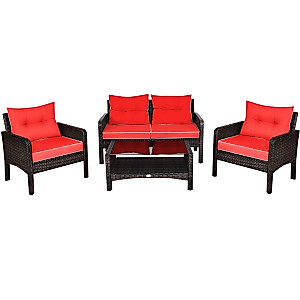 Tangkula 4 Piece Patio Furniture Set, Outdoor Wicker Conversation Set with Glass Top Coffee Table, All Weather Proof and Thick Cushions, Suitable for Porch, Garden, Poolside and Lawn (Red)