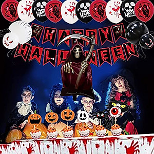 Halloween Decorations Spooky Halloween Decorations Party Supplies Includes Spider Scary Grim Reaper Balloons Bloody Happy Halloween Banner Backdrop for Indoor Outdoor Wall Window Party Decor, White
