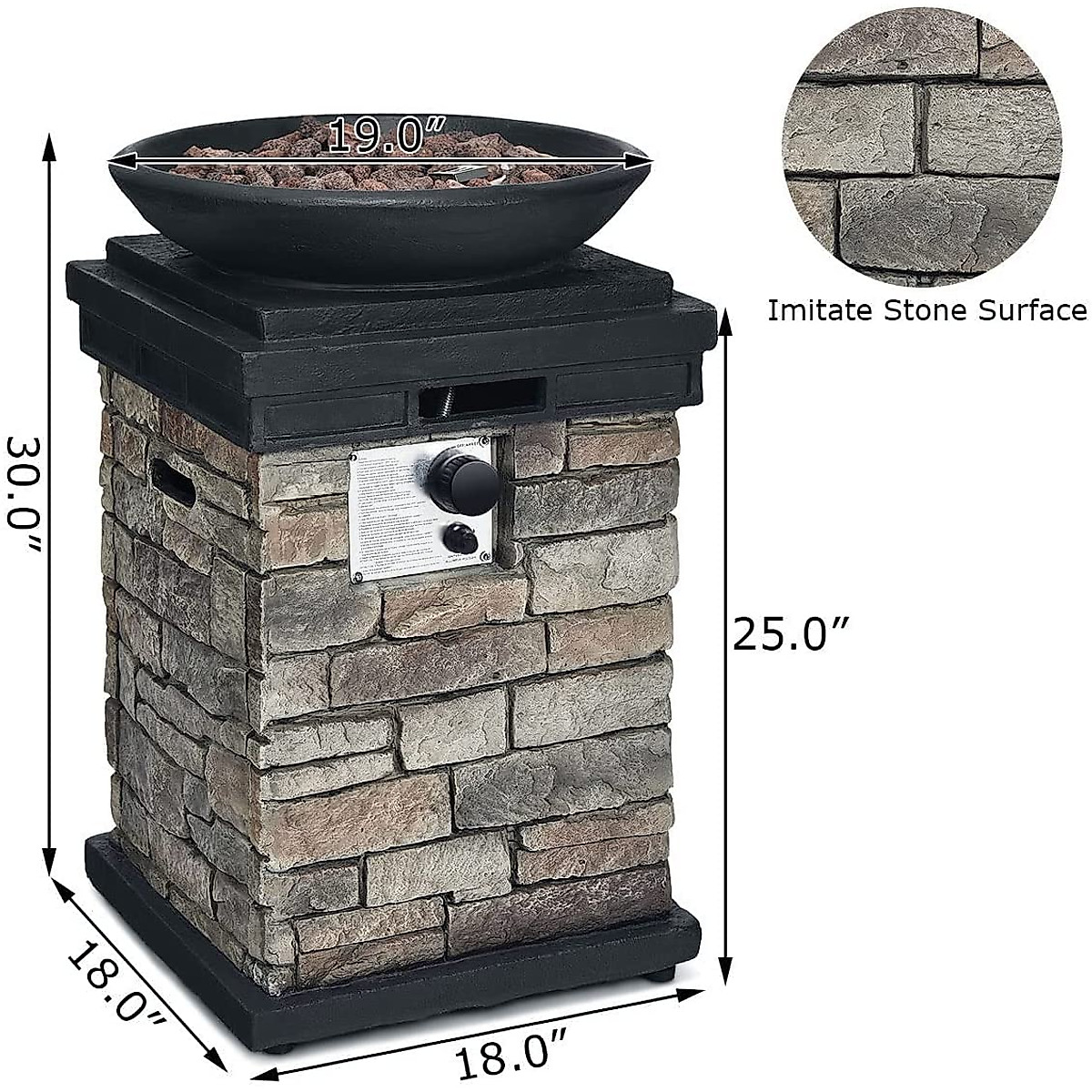 S AFSTAR Propane Firebowl Column, 40,000 BTU Outdoor Gas Fire Pit Realistic Look Firepit Heater w/Adjustable Feet, Free Lava Rocks & Rain-Cover, Propane Fire Pit Table for Outside (Natural Stone)