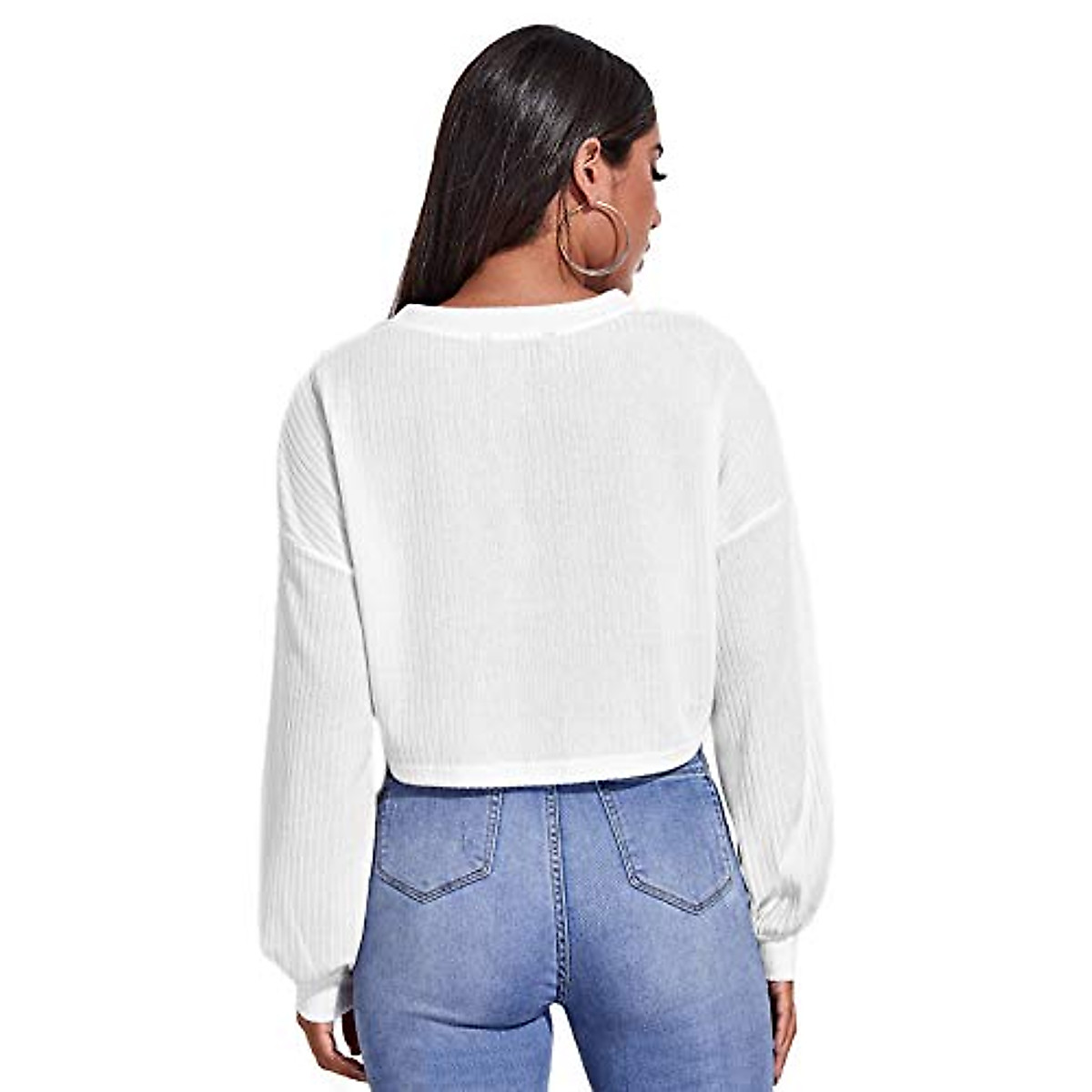 SheIn Women's Pullover Cropped Tshirt Long Sleeve V Neck Casual Crop Tops White X-Large
