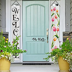 AVOIN Spring Welcome Tulip Wood Porch Sign, Butterfly Holiday Wedding Anniversary Mother's Day Hanging Banner Flag for Yard Indoor Outdoor Wedding Party 12 x 72 Inch