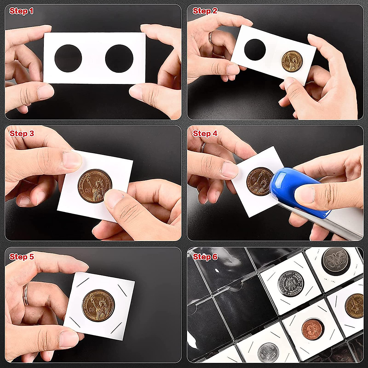 500 Cardboard Coin Holder for Collectors with 25 Sheets Coin Pocket Pages, 500 Pockets Coin Collecting Book Sleeves Protectors Storage and 10 Size 2" x 2" Currency Holders for Coin Collection Supplies