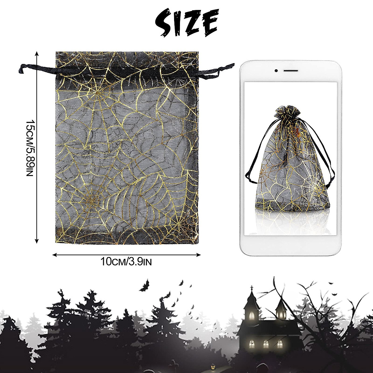 Shappy 200 Pcs Halloween Organza Bags Bulk 4 x 6" Spider Web Treat Bags Black Rattan Halloween Drawstring Candy Gift Bag for Tick or Treat Party