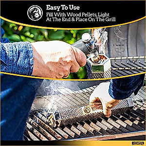 Mountain Grillers Pellet Smoker Tube 5-Hour Smoke Tube Generator for Hot & Cold Smoking Grill - BBQ Grill accessories Made From Heavy-Duty Rustproof Stainless Steel 12-Inch Includes Hanging Hook & Cleaning
