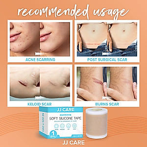 JJ CARE Soft Silicone Tape, 1.6” x 120” Flexible Silicone Scar Tape, Medical Grade Silicone Strips for Scars, Washable & Reusable Scar Tape for Surgical Scars, Latex-Free Scar Tape