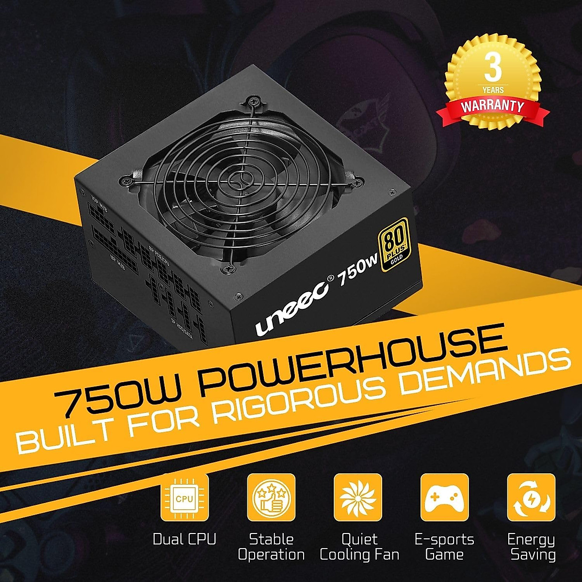 Uneec 750 Watt Power Supply 80 Plus Gold Fully Modular PC ATX Computer PSU 750W with UL CE Quality Standards, Quiet Cooling Fan, Supports Gaming STI Crossfire Game, Dual CPU, Active PFC Auto Adapter