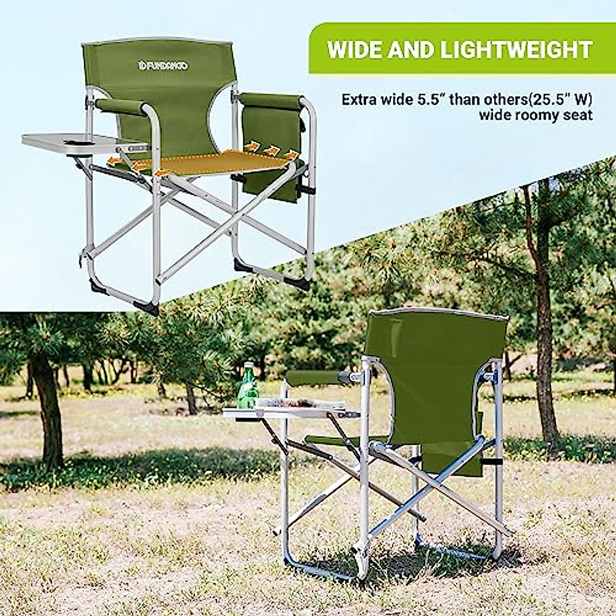 FUNDANGO Camping Chair with Side Table,Camping Director Chair with Armrest,Lawn Chair for Camping Fishing Picnic (Grass Green)