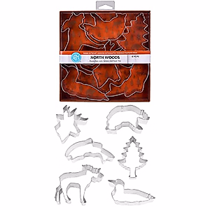 R&M International Northwoods Nature Cookie Cutters, Deer, Salmon, Loon, Bear, Tree, Moose, 6-Piece Set, Silver