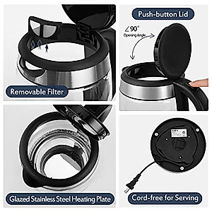 NAVU Electric Kettle 1500W, Wide Opening, 1.7 Liter Glass Tea Kettle and Hot Water Boiler, Cordless, LED Indicator, Auto Shut-Off & Boil-Dry Protection, BPA-Free Matte Black