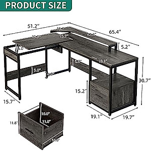 YITAHOME L Shaped Desk with File Drawer, 65" Large Computer Desk Corner Desk with Lift Top, Standing Desk Height Adjustable with Monitor Stand & Storage Shelves for Home Office, Grey