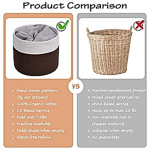 BNDSKLAI Cotton Rope Storage Baskets 11 x 11 x 9 inches, Cube Shelf Storage Organizer for Laundry, Towel, Clothes, Books, Shelves(White/Brown, 1Pack)