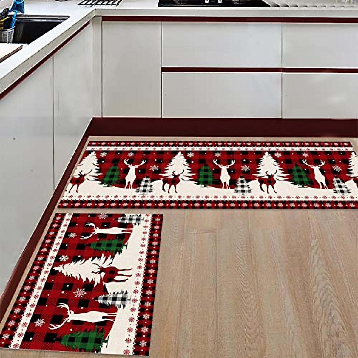 2 Piece Christmas Kitchen Rug Set Christmas Tree Reindeer Indoor Floor Mats for Winter, Xmas Door Mat Runner Rug Carpet Mat for Kitchen Home Decor (15.7"x23.6" + 15.7"x47.2") - Red Black Buffalo Plaid
