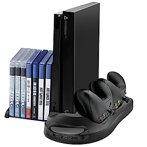 Puroma Vertical Stand Only for Xbox One X Cooling Fan with Controller Charger Charging Station Game Discs Storage and 3 USB Ports