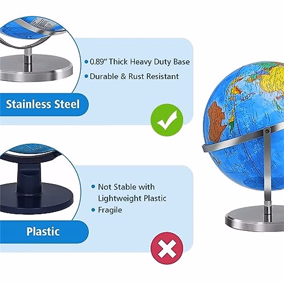 13" World Globe with Stand, 720° Swivels in All Directions, Stainless Steel Stand, Geographic/Decorative Desktop Decoration World Globe Map with Clear Text for Home, School, Office