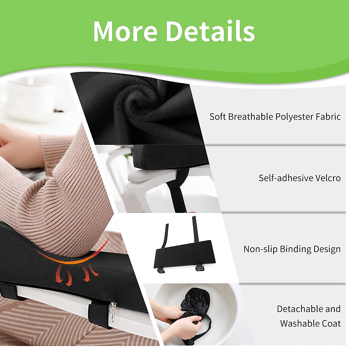 2pcs Office Chair Arm Covers, Ergonomic Chair Arm Pads with Memory Foam Armrest Elbow Pillow Forearm Pressure Relief for Office Chairs Gaming Chair (Black)