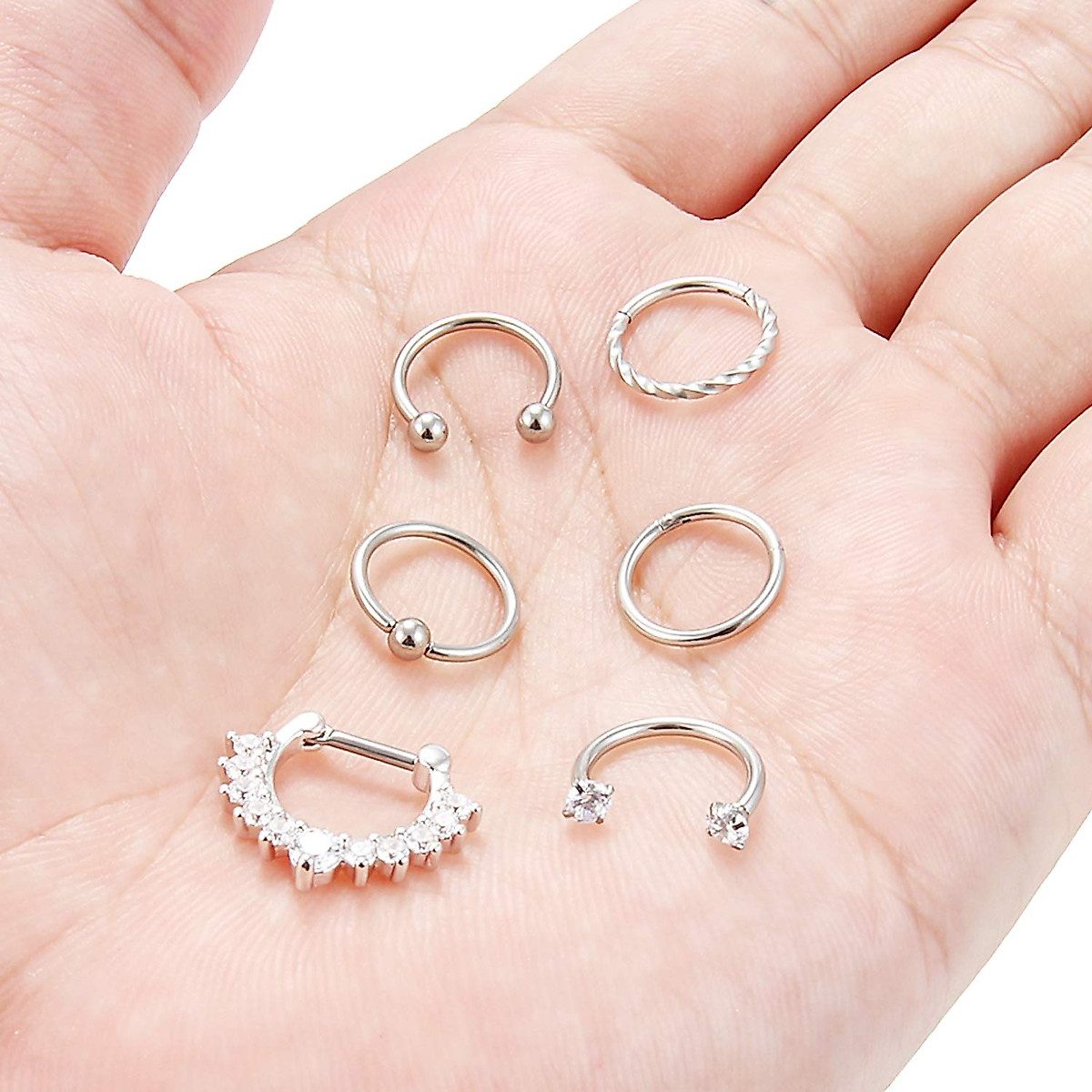 Lcolyoli 6PCS 16G Surgical Steel Hinged Seamless Septum Hoop Nose Ring with Clear Diamond CZ Horseshoe Barbell Cartilage Daith Conch Tragus Clicker Piercing Jewelry for Women Men Silver-tone