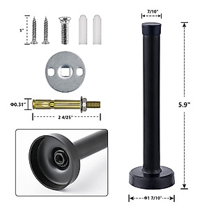 Door Stops, 6 Inch Long Door Stopper, Wall Mount, Heavy Duty Solid Black Doorstop Brushed Stainless Steel with Soft Rubber Bumper Tips