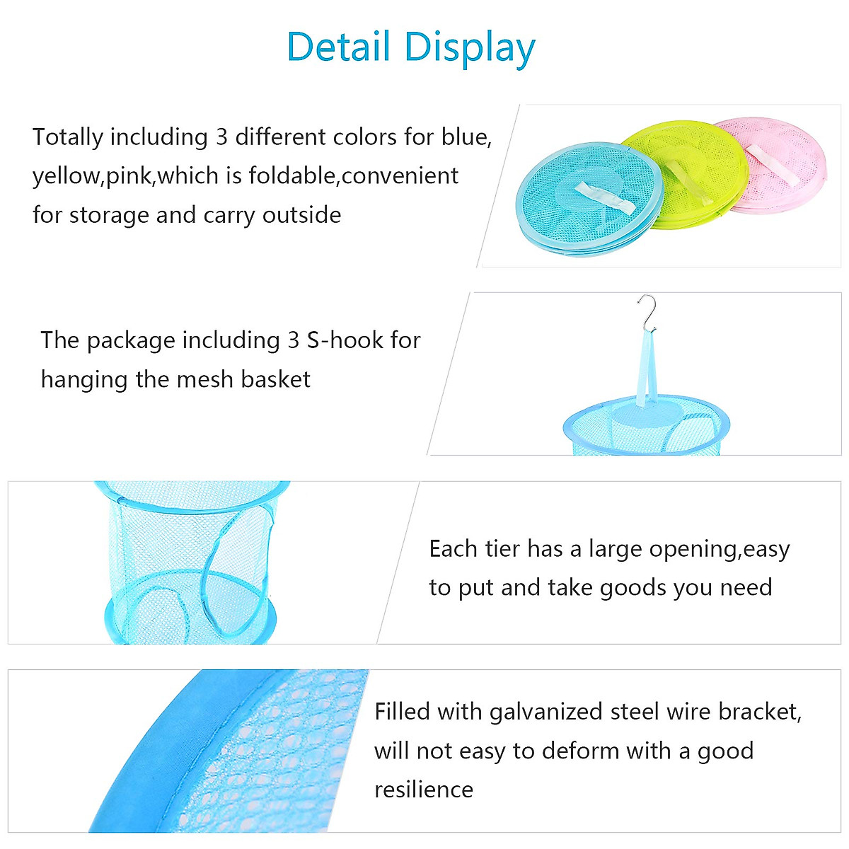 LANMOK 3pcs Hanging Mesh Storage Basket Foldable Space Saving Toy Organizer With 3pcs S hooks for Kids Room Bathroom Wall Balcony Wardrobe