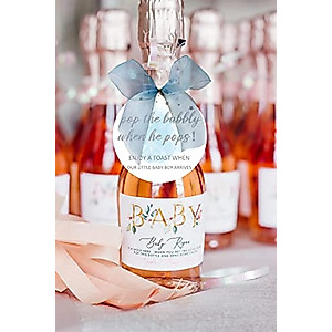 Miatoi Blue Pop It When He Pops Baby Shower Bottle Tags, Pop The Bubbly When He Pops Tags, Boys’ Champagne Baby Shower Favor Label with Bows, Blue Set, 60 Count (Pack of 1) (M-10)