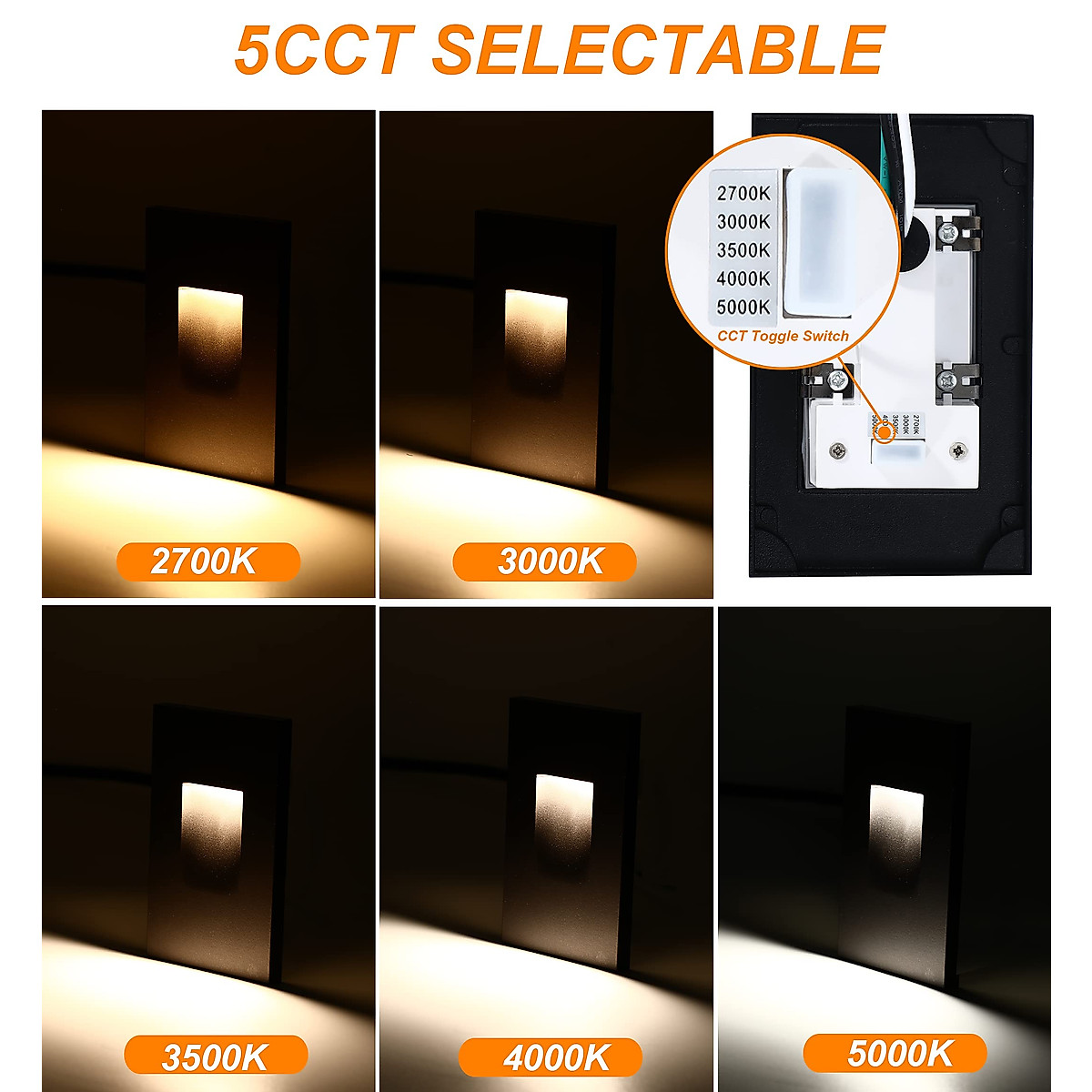 CLOUDY BAY 120V Dimmable 5 Color LED Indoor Outdoor Step Light,2700K/3000K/3500K/4000K/5000K 3W 35lm,Stair Lights,Black,6 Pack