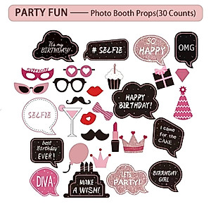 UJoyant Birthday Decorations For Women, 229 Pcs Rose Gold and Black Happy Birthday Supplies - Disposable Dinnerware Set with 25 Guest, Balloons, Sash, Tiara, Banner, Fringe Curtain, Photo Booth Props