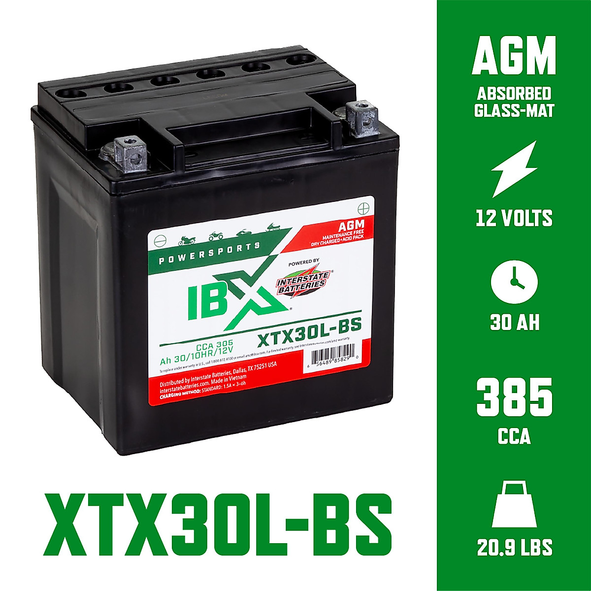 Interstate Batteries YTX30L-BS 12V 30Ah Powersports Battery 385CCA AGM Rechargeable Replacement Battery for Motorcycles, ATVs, UTVs, Snowmobiles (XTX30L-BS)