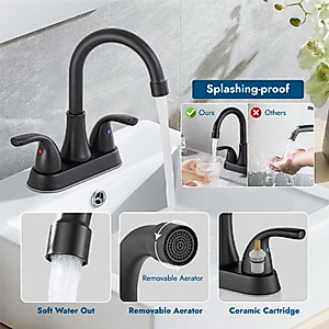 Cinwiny Bathroom Sink Faucet 4 Inch 2 Handle Bathroom Faucet 360° Swivel Spout Deck Mounted Vanity Faucet with Water Supply Hoses,Matte Black,with Pop up Drain