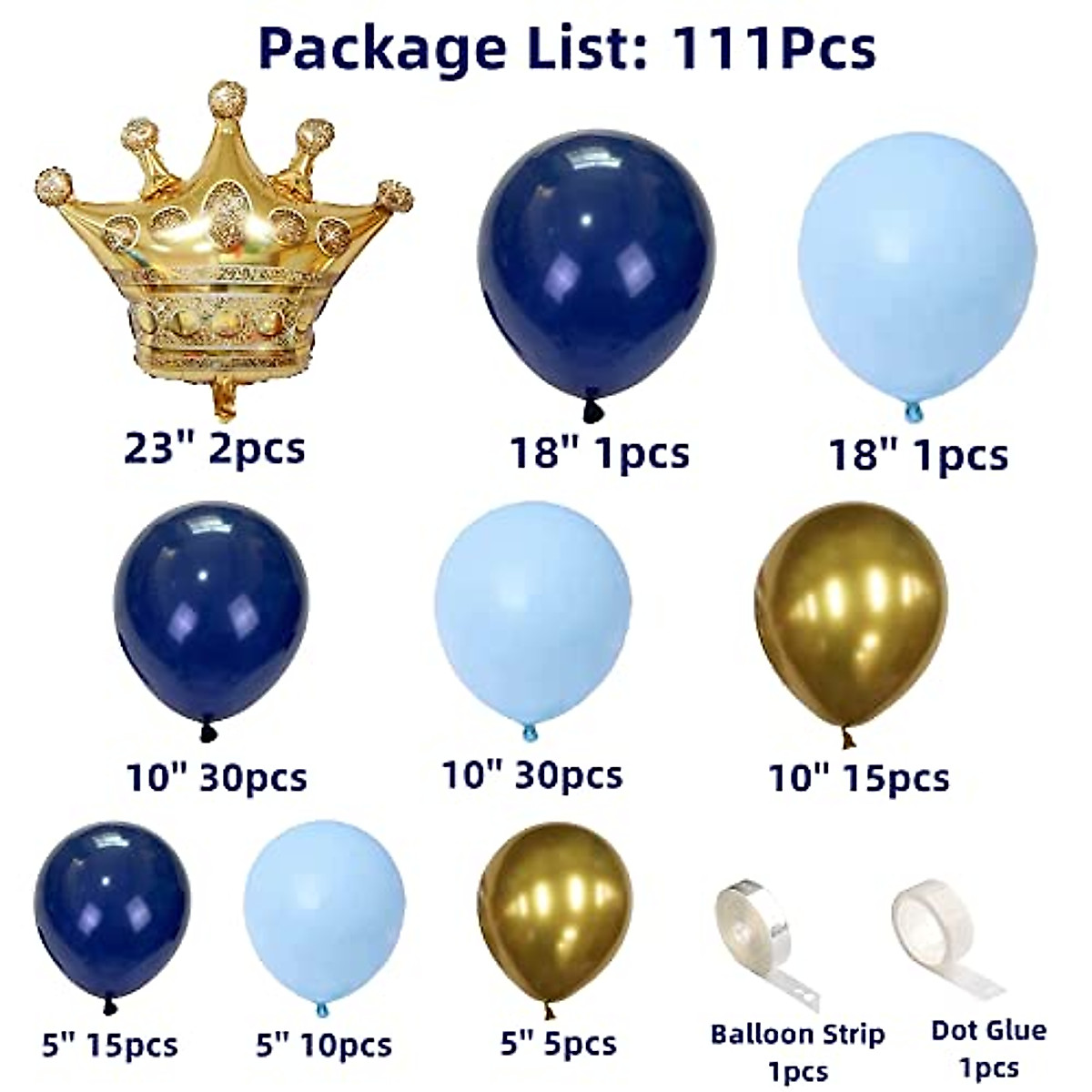 Navy Blue Gold Balloon Garland Arch Kit, 109Pcs Royal Blue Light Baby Blue and Metallic Gold Balloons with Crown Foil Balloon for Graduation Rams Birthday Baby&Bridal Shower Gender Reveal Wedding Bachelorette Anniversary Party Background Decorations