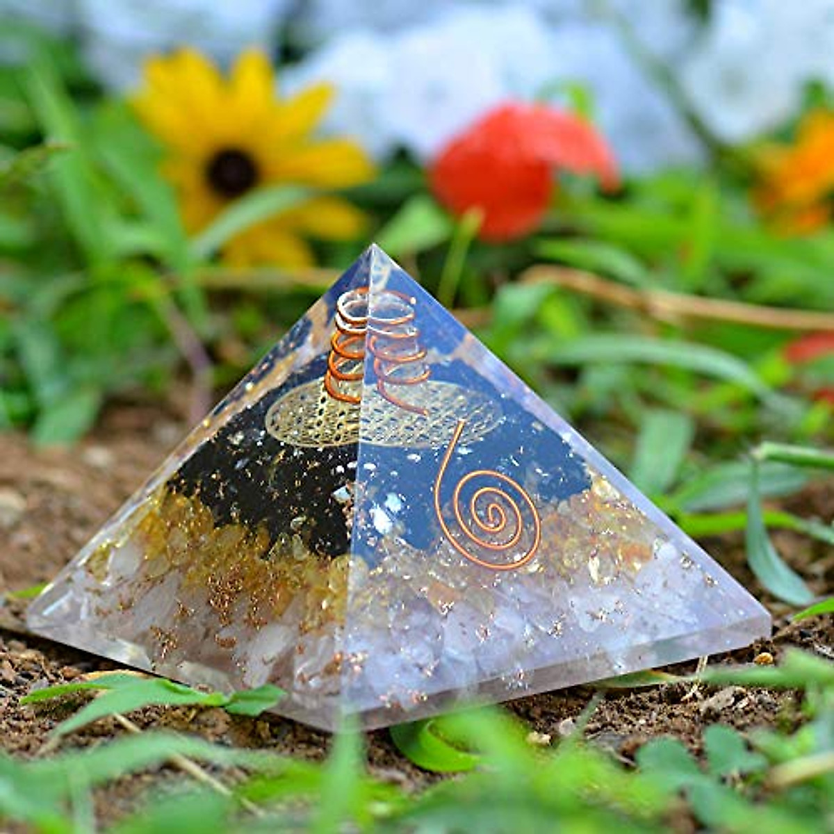 Orgonite Crystal Orgone Pyramid for Triple Health Protection with Black Tourmaline, Citrine and Rose Quartz – Positive Energy Generator for Healing, Wealth and Prosperity