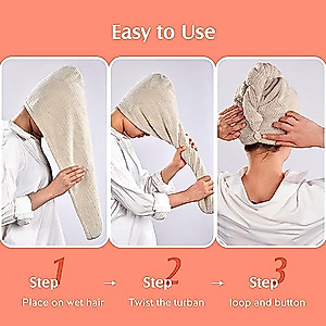 YFONG 2 Pack X-Large Thicken Microfiber Hair Towel Wrap for Women, Super Absorbent & Quick Dry Hair Turban with Button for Curly,Longer,Thicker Hair(Camel+Gray)