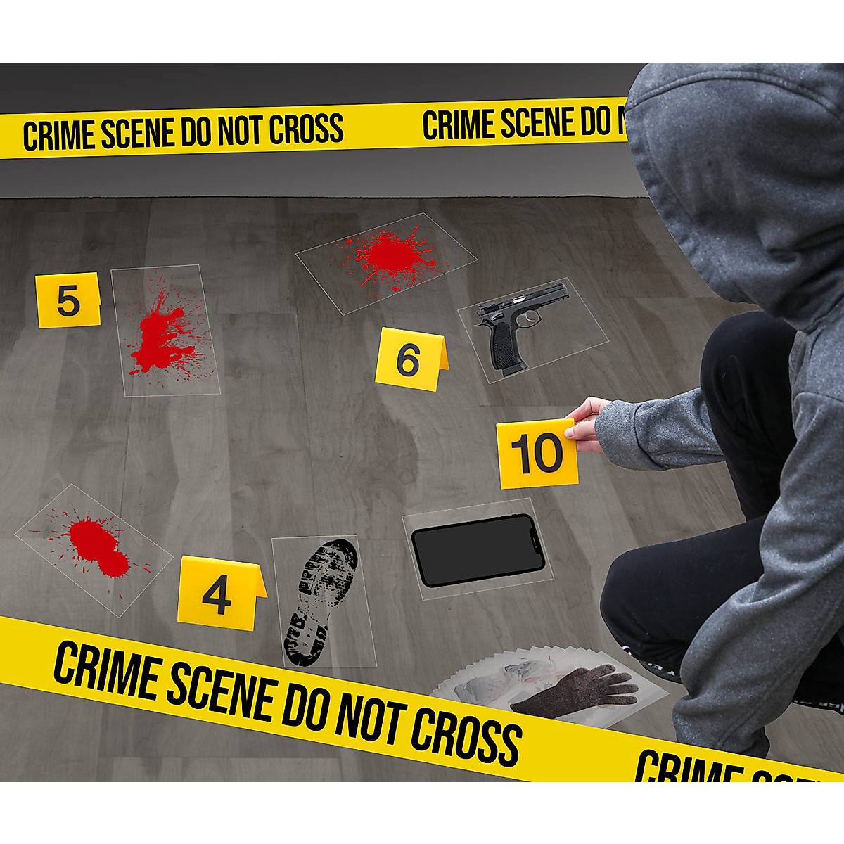 Crime Scene Decorations Kit, Crime Mystery Dinner Party Game Supplies, Includes Crime Scene Tape, 25 Yellow Evidence Markers, 25 Crime Object Cards