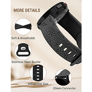 W-RARA 3 Pack Floral Engraved Band Compatible with Samsung Galaxy Watch 6/5/4/Active 2 40mm 44mm/Watch 5 Pro 45mm/Watch 6 Classic/Watch 3 41mm Women, 20mm Cute Soft Silicone Flower Pattern Sport Strap