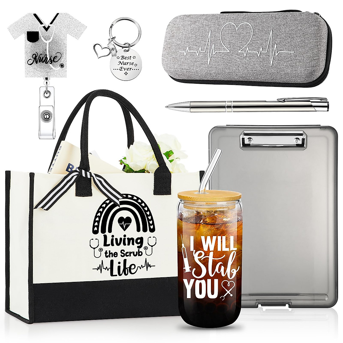 Teenyyou 7 Pcs Nurse Gift for Women Nursing Graduation Gift Set Include Nurse Tote Bag Stethoscope Case Nursing Ballpoint Pen Badge Reel Clipboard Glass Coffee Cup Keychain(Gray,Vintage Style)