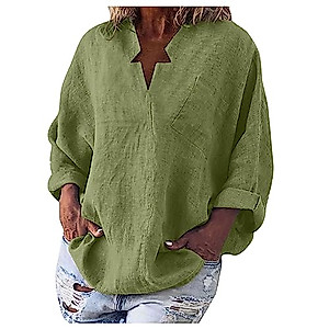 Your Orders Going Out Tops for Women Cotton Linen v Neck Solid Color Shirts Long Sleeve Casual Vacation t Shirts Trendy 2023 Army Green S