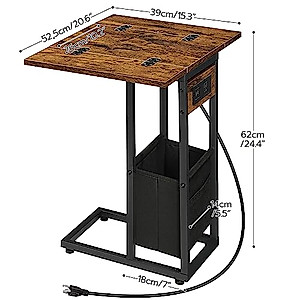 HOOBRO C Shaped Side Table with Charging Station, Foldable End Table with Fabric Bag, Sofa Couch Table Coffee Table Snack Table for Small Space Living Room, Bedroom, Rustic Brown and Black BF30USF01