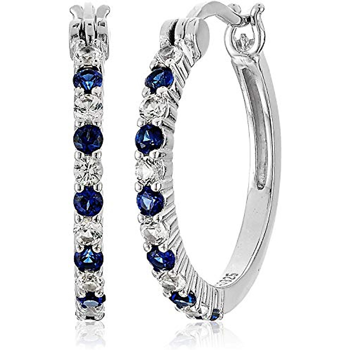 Sterling Silver Alternating Created Blue and White Sapphire Hoop Earrings, metal, corundum