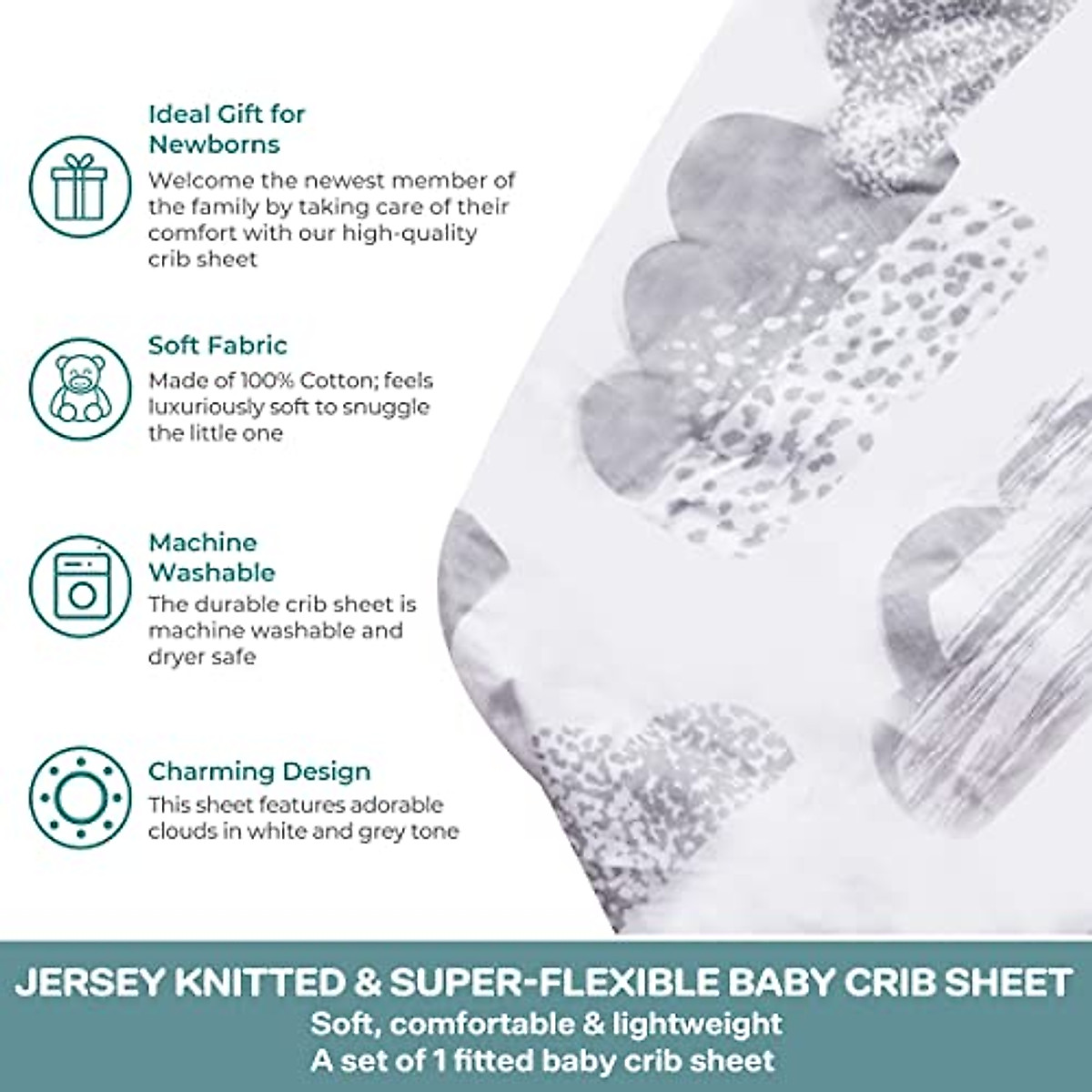 100% Cotton Jersey Cribsheet Standard Size, Grey Clouds
