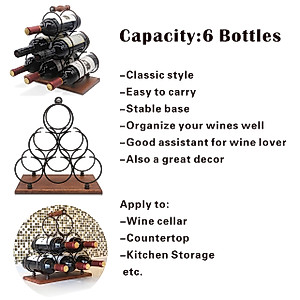 Countertop Wine Rack, Tabletop 6 Bottles Wood Wine Holder, Sturdy Handle, 3-Tier Rustic Classic Design, Simple Assembly, Wood & Metal (Copper)