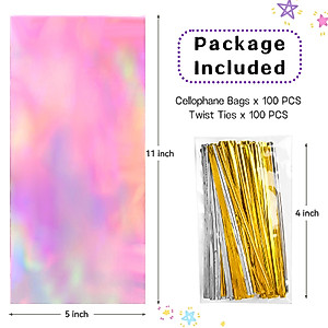 Ohuimrt Iridescent Cellophane Treat Bags, 5 x 11 Inches Plastic Holographic Goodie Bags, 100 PCS Party Favor Bags with 100 PCS Ties for Candies, Snacks, Small Gifts