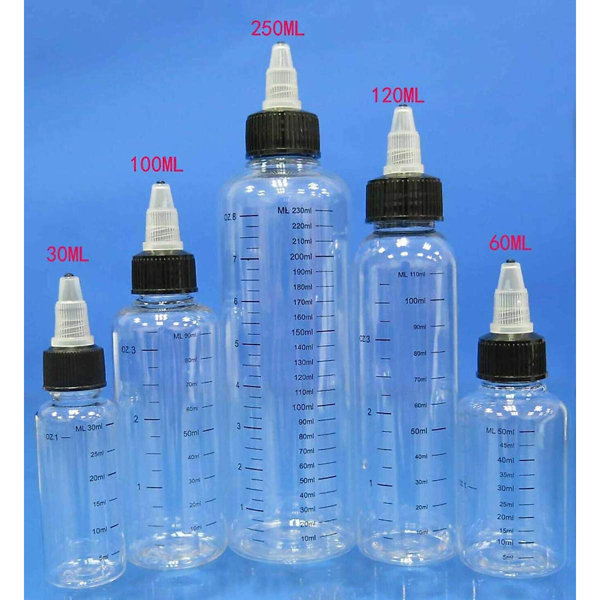 NANSHINE Graduated Bottles 10PCS 60ml(2oz) PET Plastic Pointed Bottles with Twist Top Cap Plastic Graduated PET Dropper Water Liquid Bottles